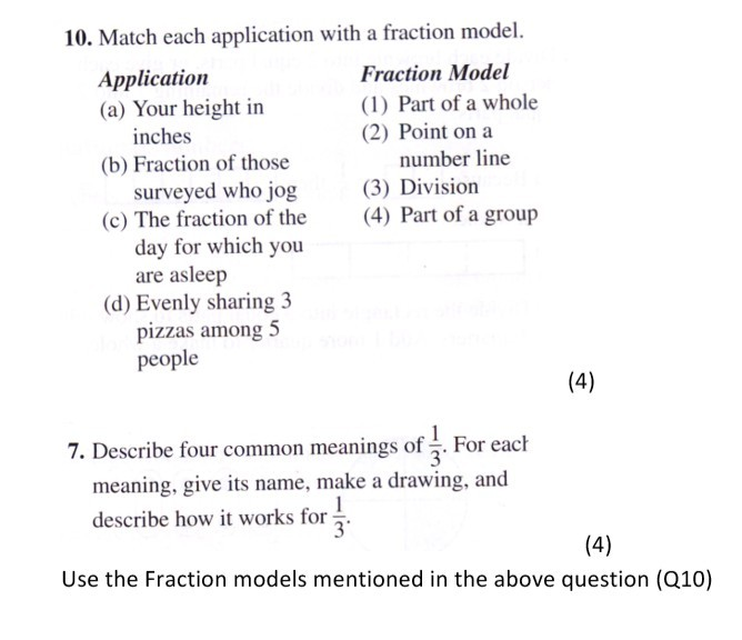 Solved 10. Match each application with a fraction model | Chegg.com