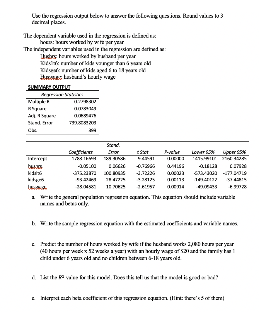 Solved Use the regression output below to answer the | Chegg.com