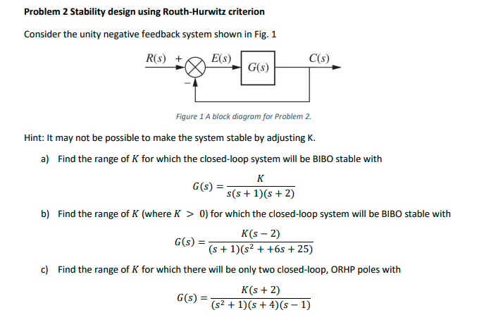 Solved Problem 2 Stability design using Routh-Hurwitz | Chegg.com