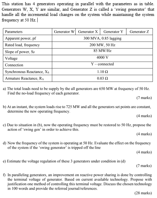 This station has 4 generators operating in parallel | Chegg.com