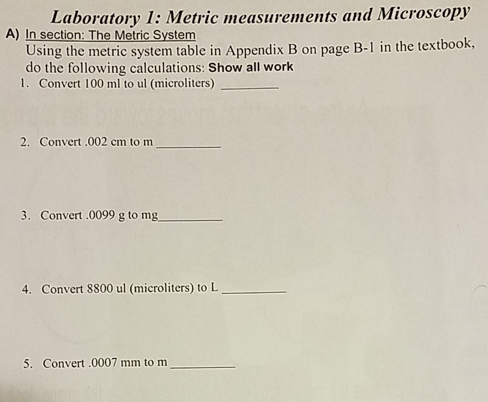 Solved Laboratory 1: Metric measurements and Microscopy A) | Chegg.com