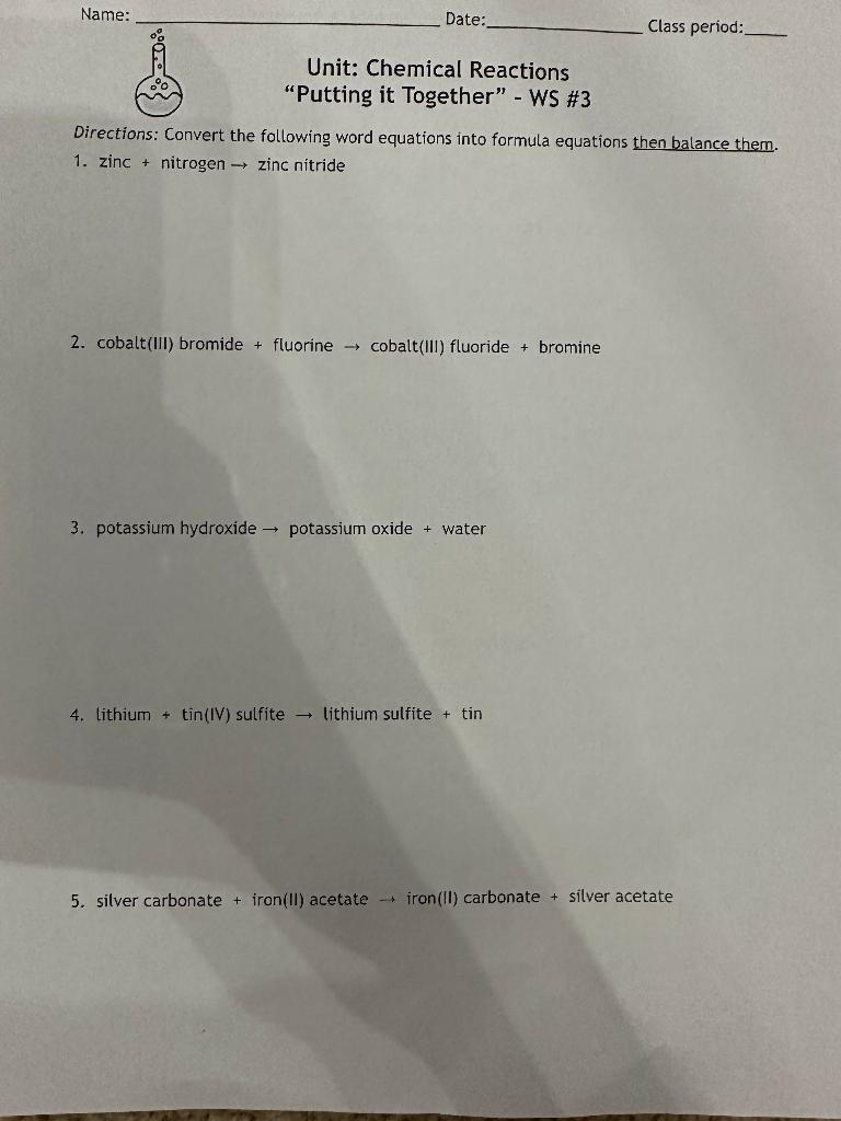 Chemistry Unit 7 Worksheet 3 Write Balanced Chemical Equations