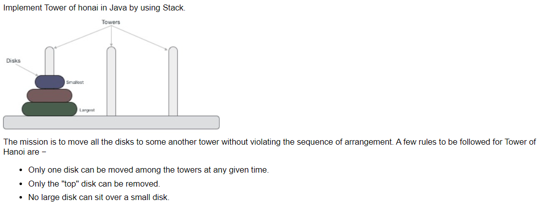 Solved Implement Tower of honai in Java by using Stack. | Chegg.com