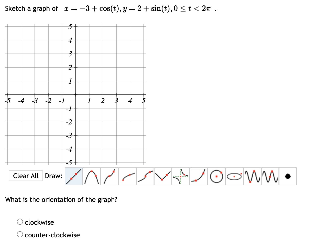 Solved Sketch a graph of x=−3+cos(t),y=2+sin(t),0≤t