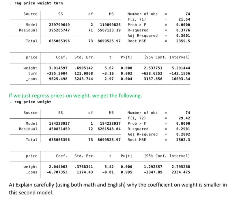 - reg price weight turn If we just regress prices on | Chegg.com