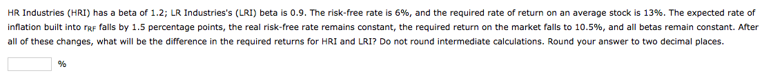 Solved HR Industries (HRI) has a beta of 1.2; LR | Chegg.com