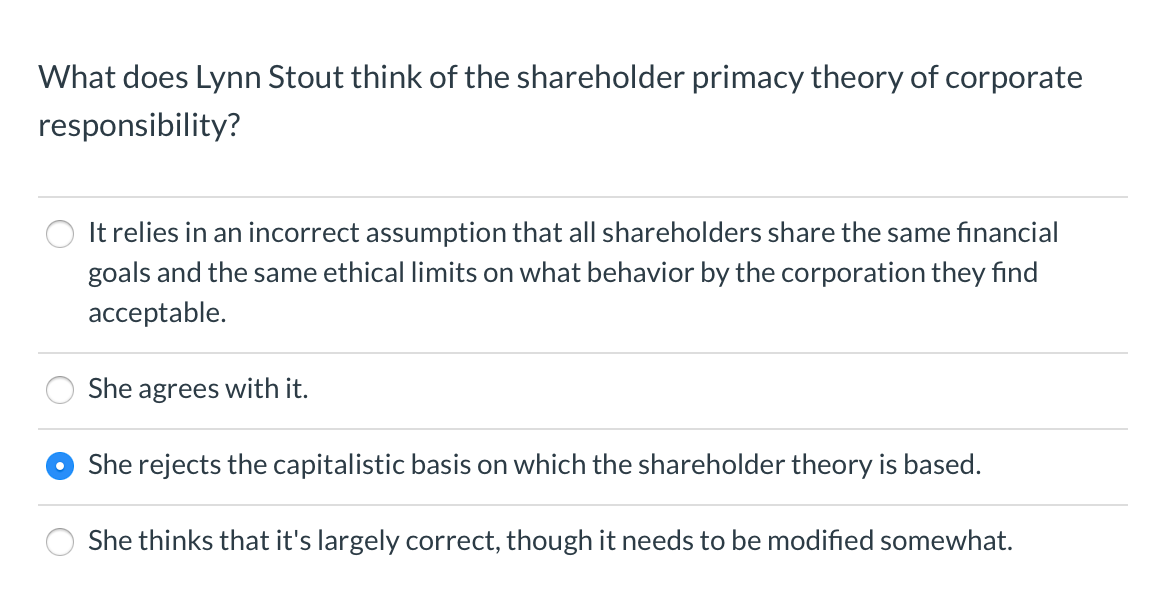 Solved What does Lynn Stout think of the shareholder primacy | Chegg.com