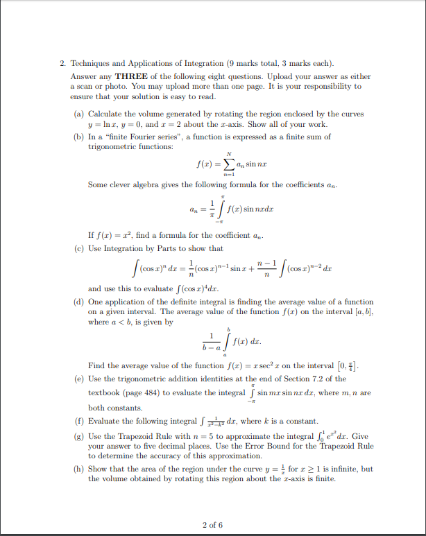 Solved 2. Techniques and Applications of Integration (9 | Chegg.com