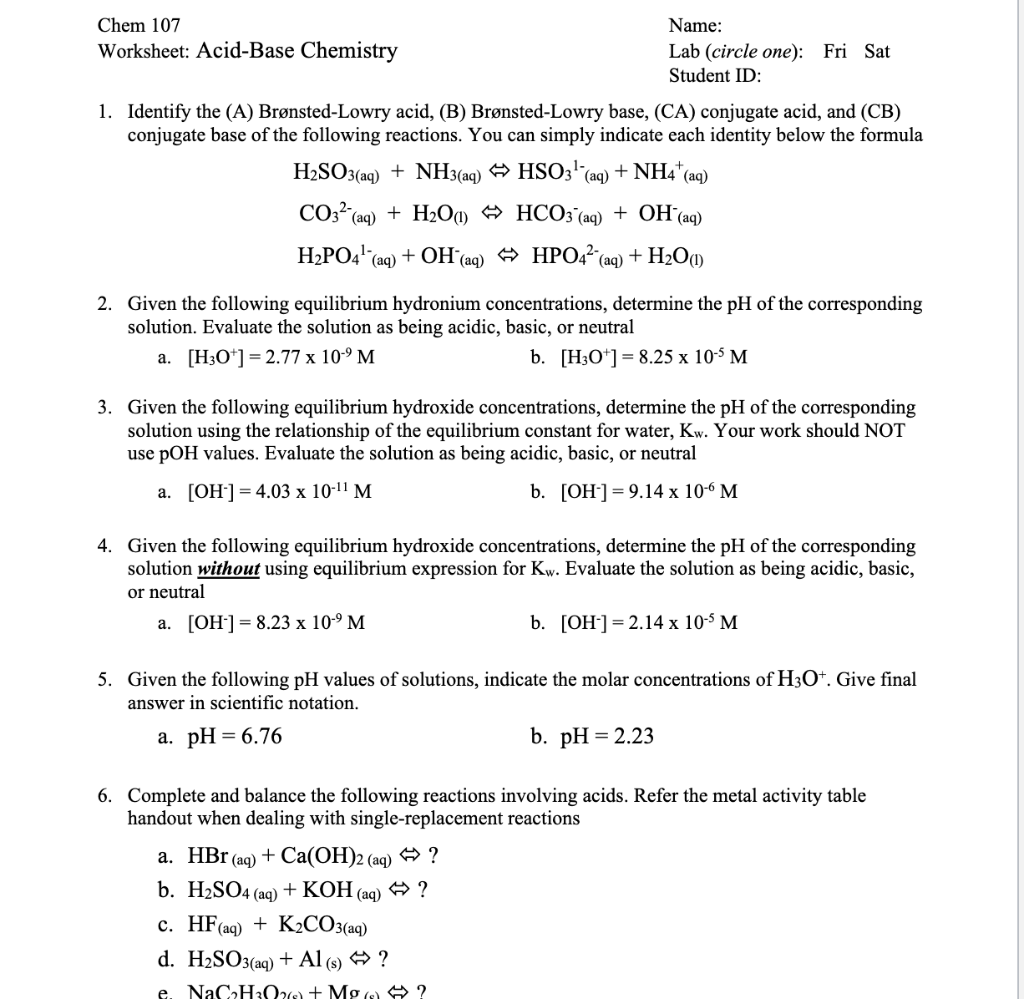 Solved Chem 107 Worksheet: Acid-Base Chemistry Name: Lab | Chegg.com
