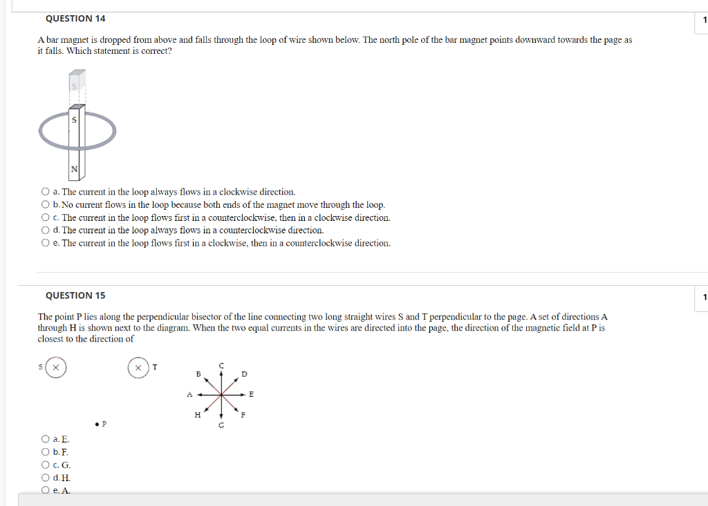 Solved QUESTION 14 1 A bar magnet is dropped from above and | Chegg.com