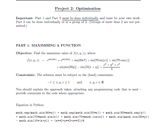 Solved Project 2: Optimisation Important: Part 1 and Part 2 | Chegg.com
