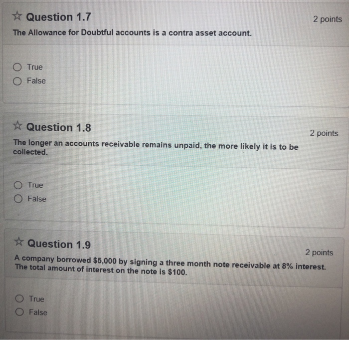 Solved ☆ Question 1.7 2 points The Allowance for Doubtful | Chegg.com