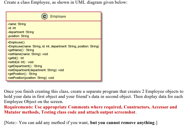 Solved Create a class Employee, as shown in UML diagram | Chegg.com