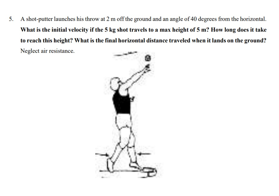 Solved 5. A shot-putter launches his throw at 2 m off the | Chegg.com