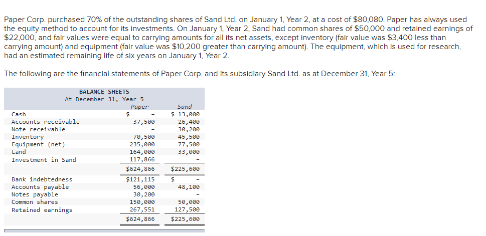 Paper Corp. purchased 70% of the outstanding shares | Chegg.com