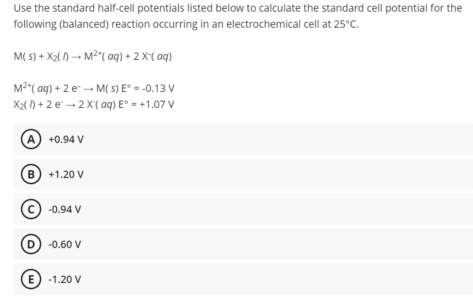 Solved Use the standard half-cell potentials listed below to | Chegg.com