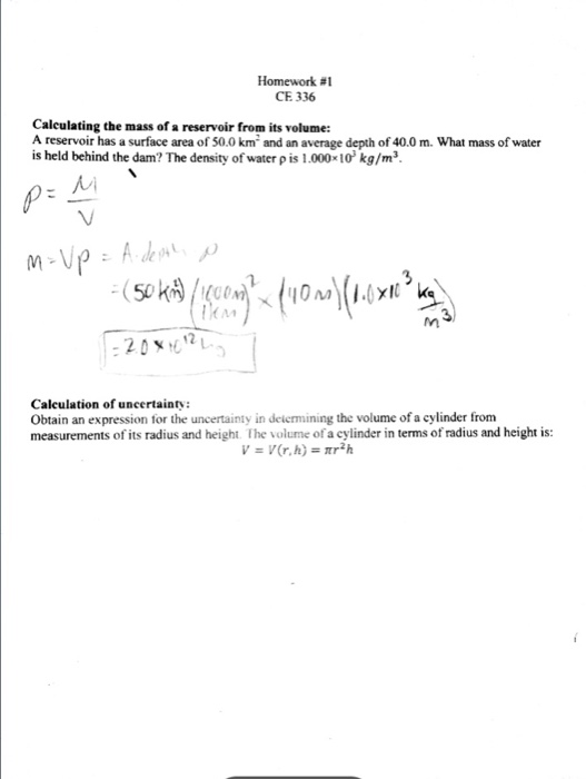 Solved Calculating the mass of a reservoir from its volume: | Chegg.com