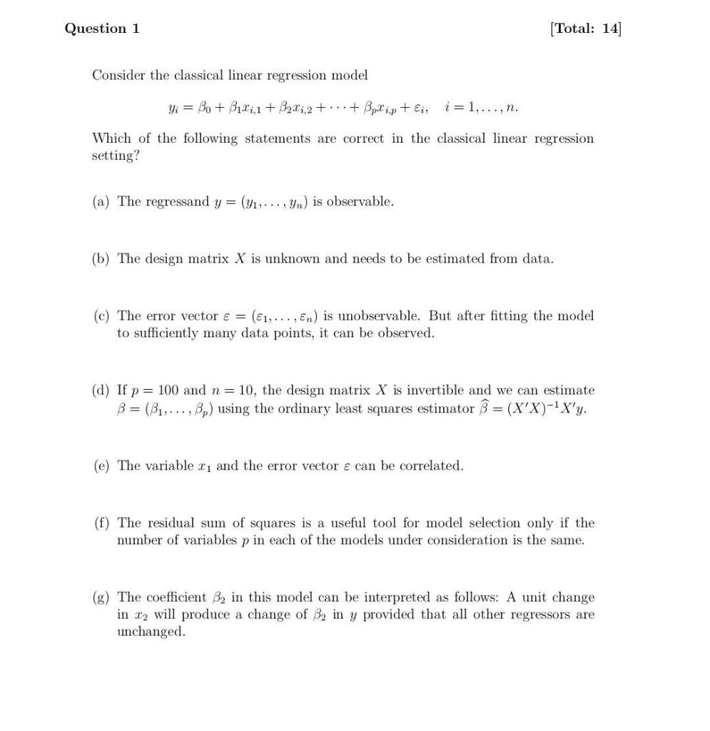 Solved Question 1 Total 14 Consider The Classical Linear 