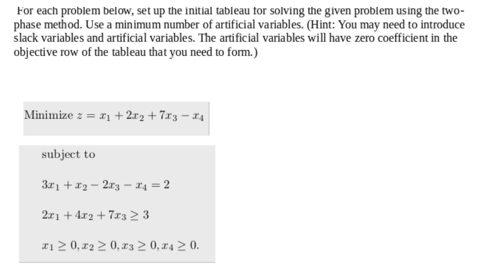 For each problem below, set up the initial tableau | Chegg.com