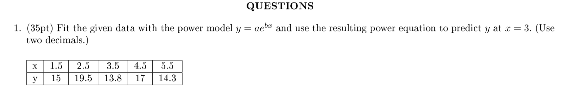Solved Fit the given data with the power model y = aebx and | Chegg.com