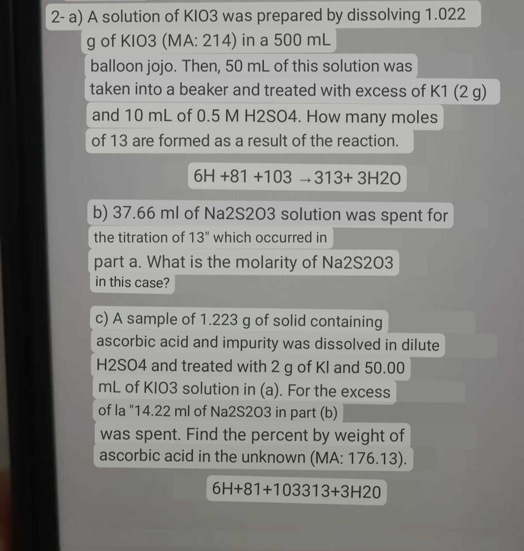 Solved A solution of KIO3 was prepared by dissolving 1.022 g | Chegg.com