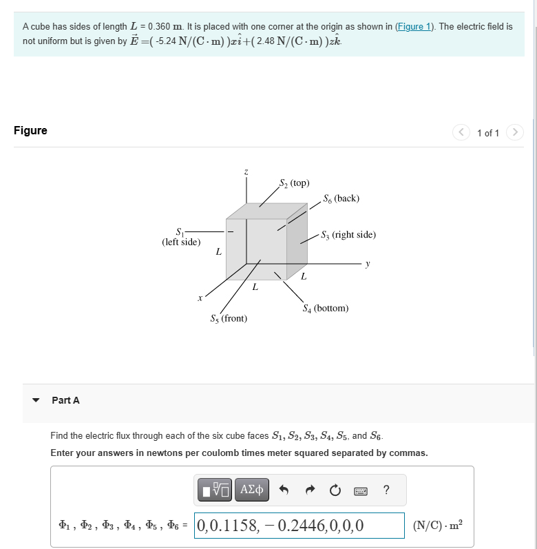Solved A cube has sides of ﻿length L=0.360m. It is ﻿placed | Chegg.com
