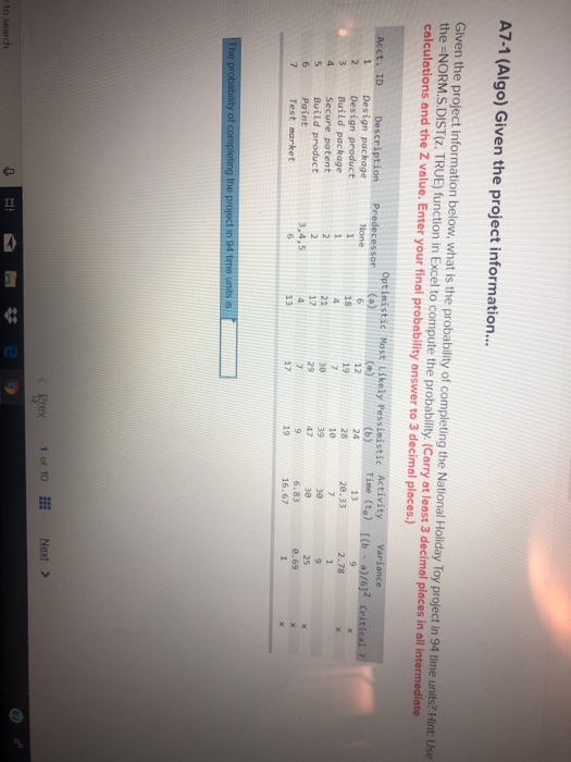 Solved A7-1 (Algo) Given the project information... Given | Chegg.com