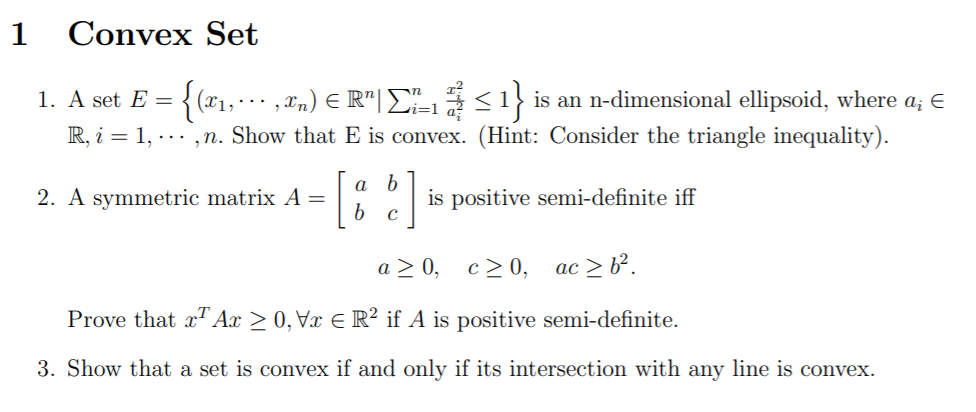 Solved 1 Convex Set 1. A set E = n (x1, · · · , xn) ∈ R n | | Chegg.com