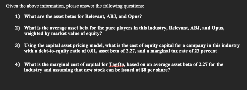 Part 1: Equity beta calculation using the pure play | Chegg.com