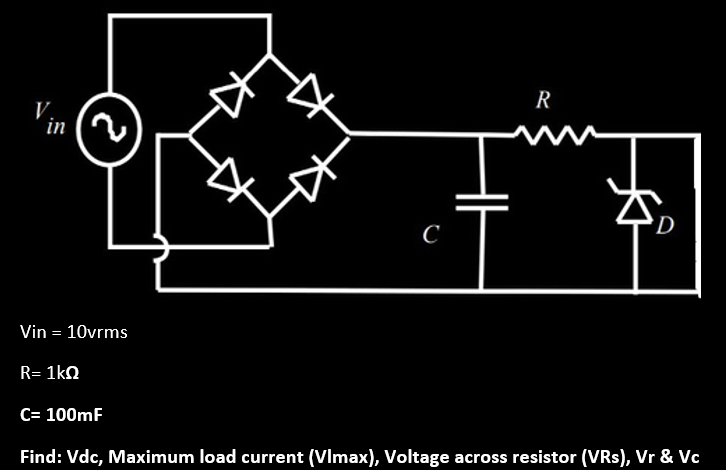 Solved M Vin = 10vrms R= 1k C= 100mF Find: Vdc, Maximum load | Chegg.com