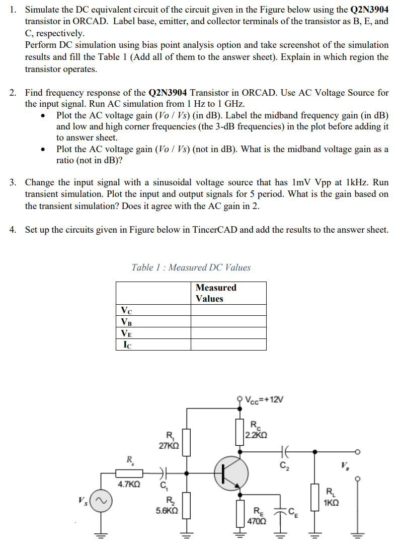 Solved 1. Simulate the DC equivalent circuit of the circuit | Chegg.com