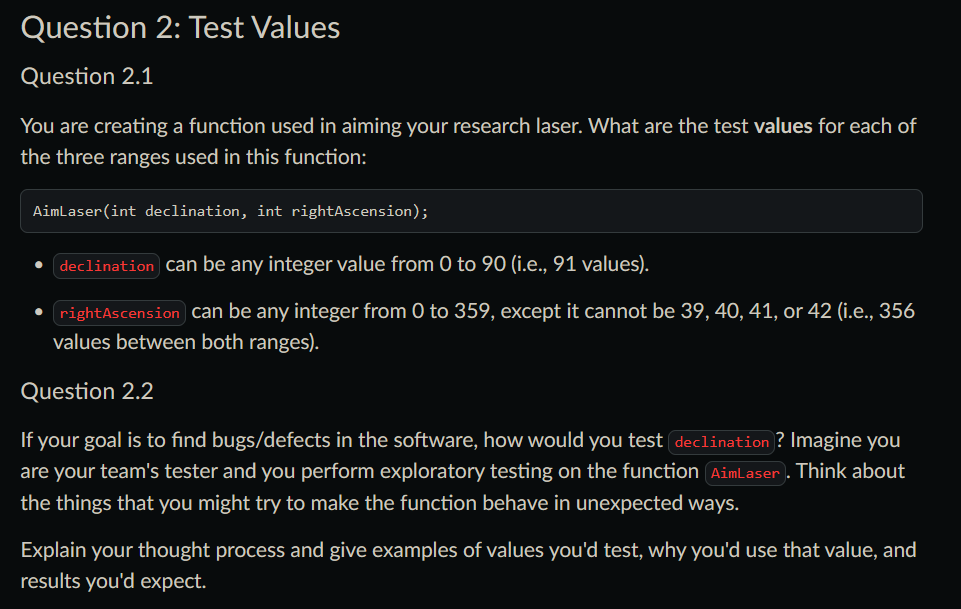 Solved Question 2: Test Values Question 2.1 You are creating | Chegg.com