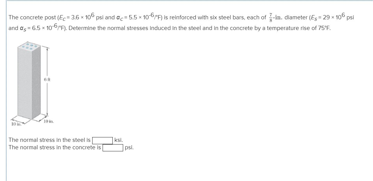 Solved The concrete post (Ec= 3.6 x 106 psi and ac=5.5 x | Chegg.com