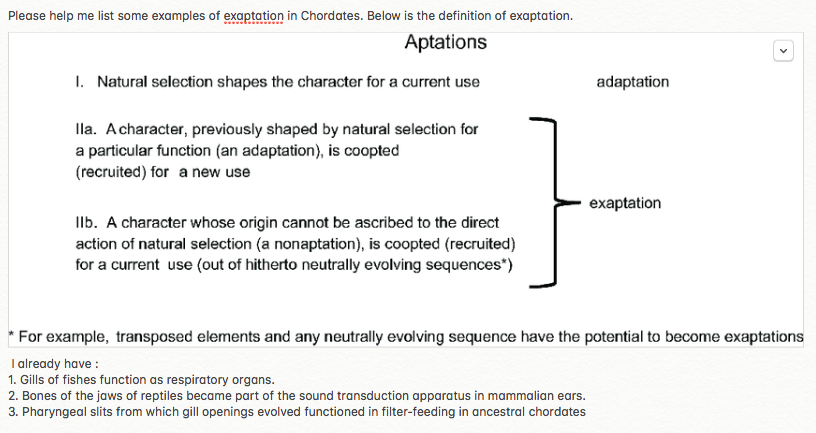 Solved Please help me list some examples of exaptation in | Chegg.com