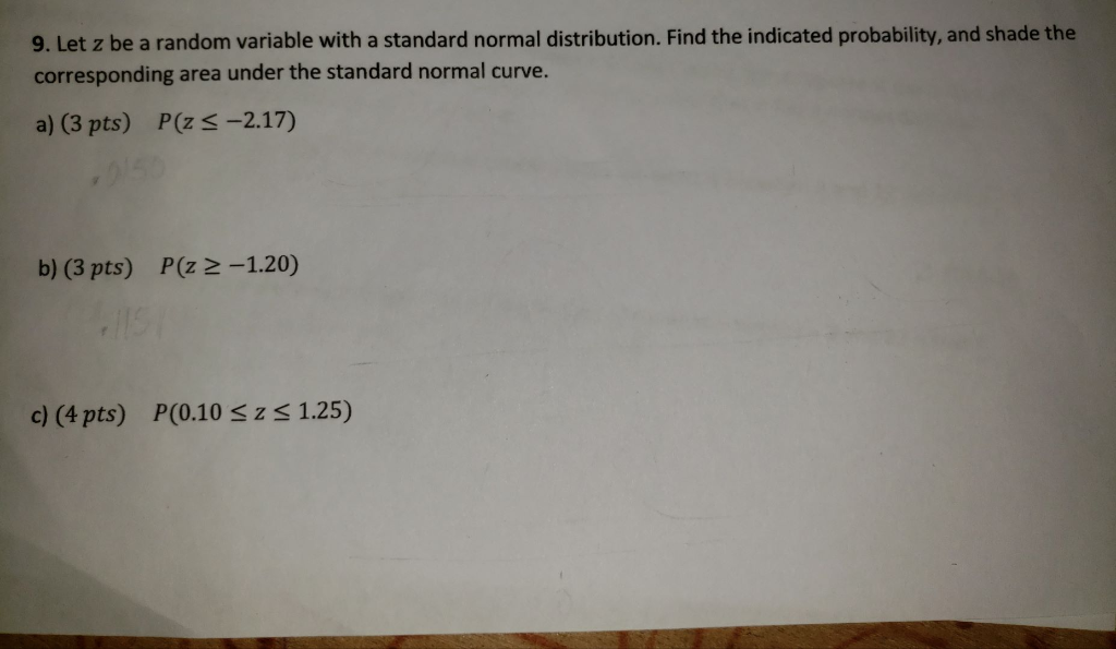 Solved 9. Let z be a random variable with a standard normal | Chegg.com