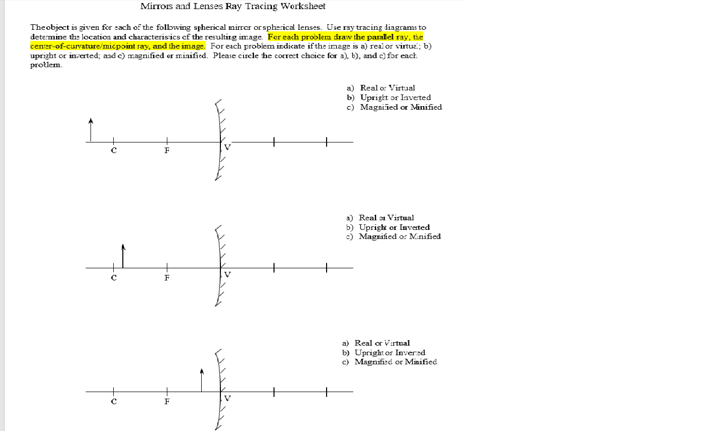 Solved Mirrors and Lenses Ray Tracing Worksheet Theobject is | Chegg.com