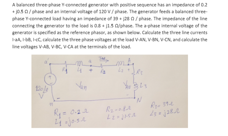 Solved A balanced three-phase Y-connected generator with | Chegg.com