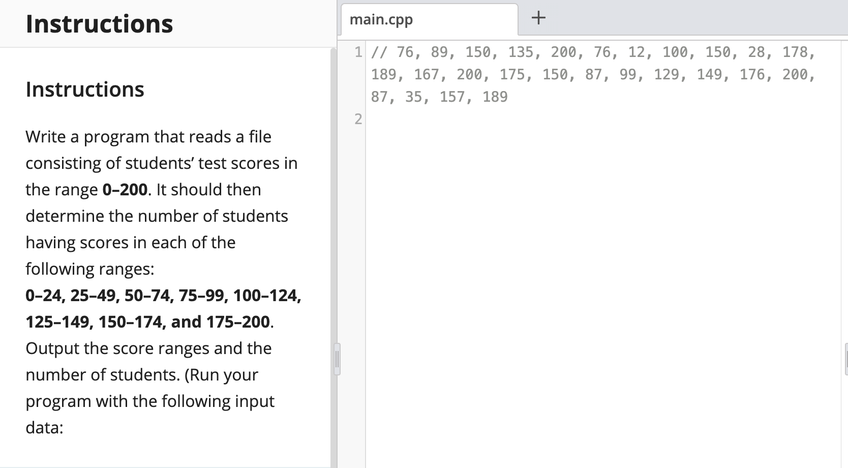 Solved Instructions main.cpp 1 // 76, 89, 150, 135, 200, 76, | Chegg.com