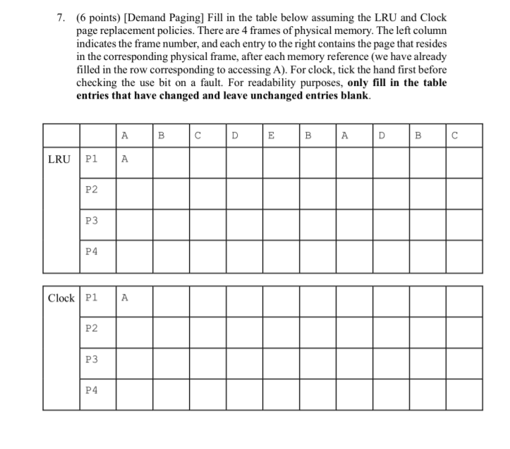 Solved 7. (6 points) [Demand Paging] Fill in the table below | Chegg.com