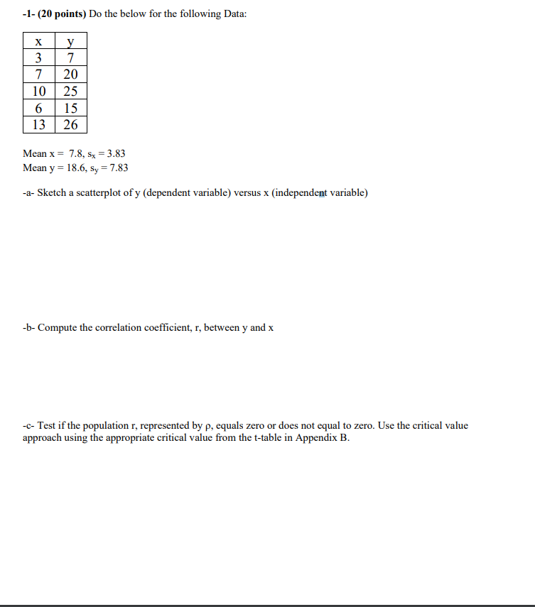 Solved -1- (20 points) Do the below for the following Data: | Chegg.com