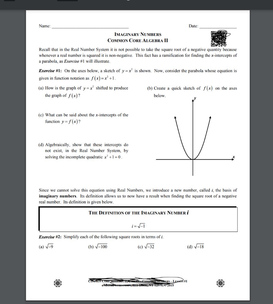 Solved Name: IMAGINARY NUMBERS COMMON CORE ALGEBRA II Recall | Chegg.com