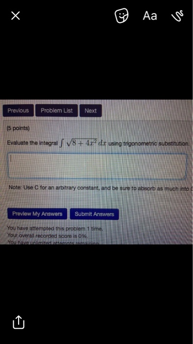 Solved PreviousProblem List Next 5 points) Evaluate the | Chegg.com Solved PreviousProblem List Next 5 points) Evaluate the | Chegg.com
