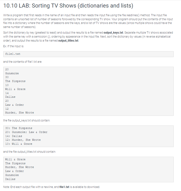 Solved 10.10 LAB: Sorting TV Shows (dictionaries and lists) | Chegg.com