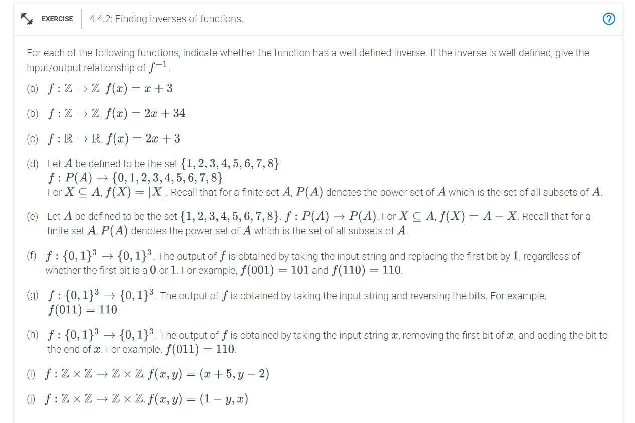 Solved EXERCISE 4.4.2: Finding inverses of functions. For | Chegg.com