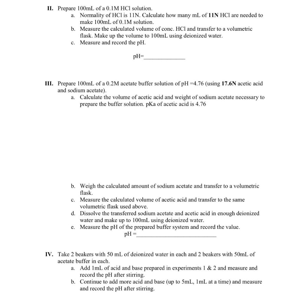 Solved II. Prepare 100mL of a 0.1M HCl solution. a. | Chegg.com