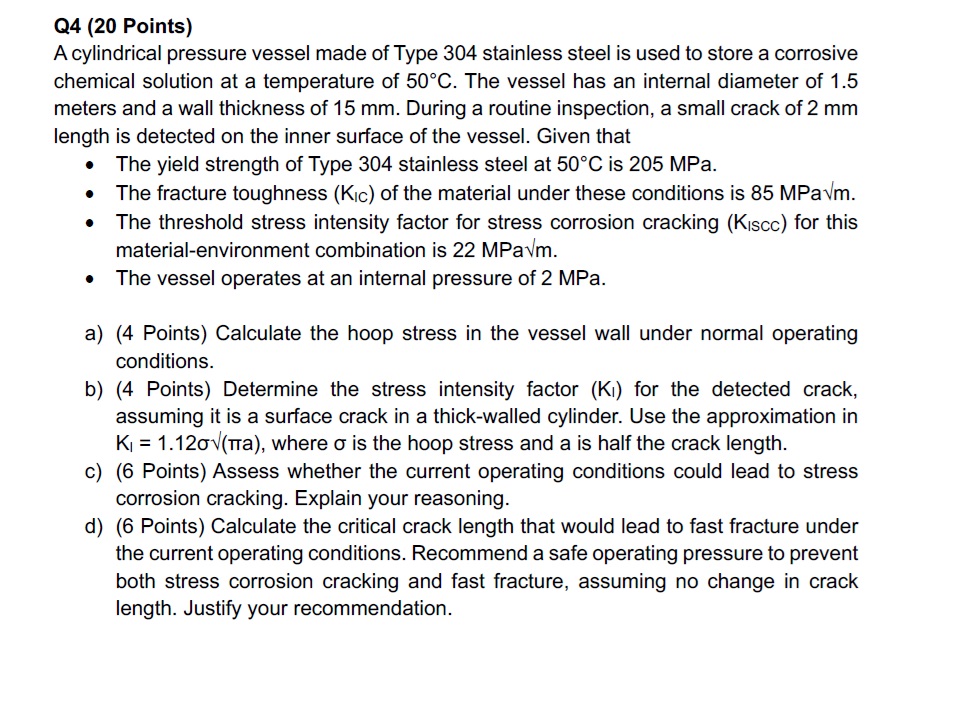 Solved Q4 (20 ﻿Points)A cylindrical pressure vessel made of | Chegg.com