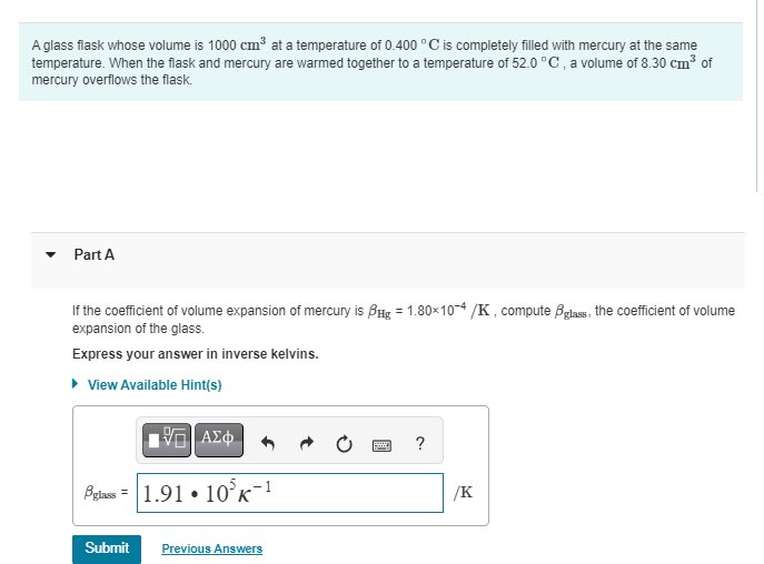 Solved A glass flask whose volume is 1000cm3 ﻿at a | Chegg.com