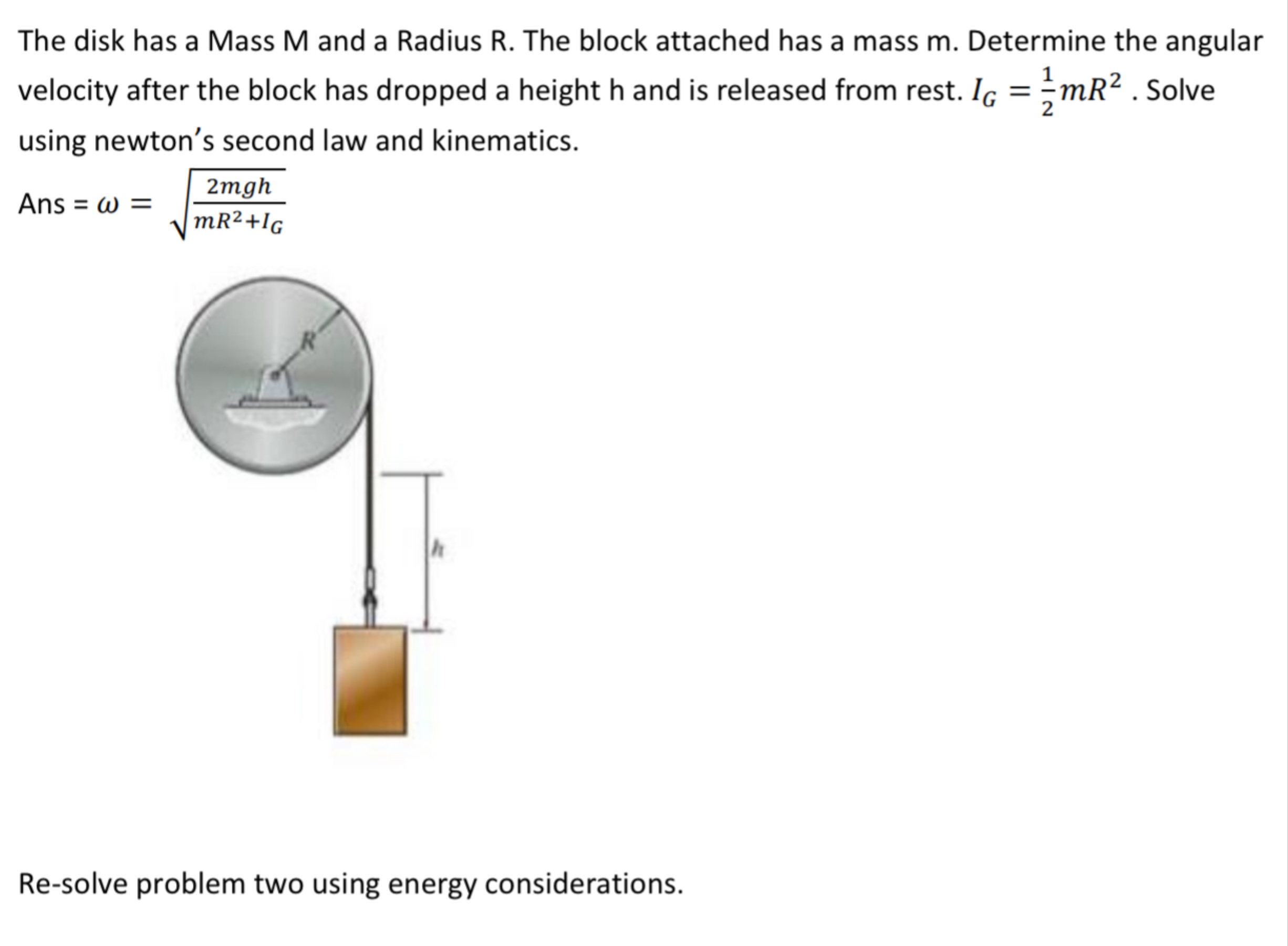 Solved The disk has a Mass M and a Radius R. ﻿The block | Chegg.com