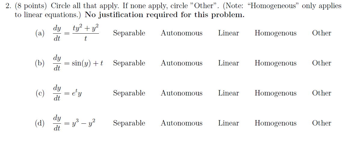 Solved 2. (8 points) Circle all that apply. If none apply, | Chegg.com