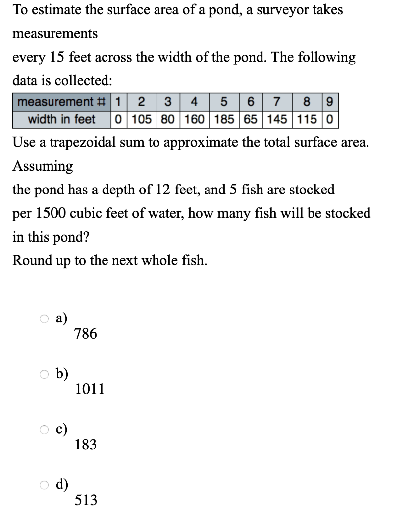 Solved To estimate the surface area of a pond, a surveyor | Chegg.com